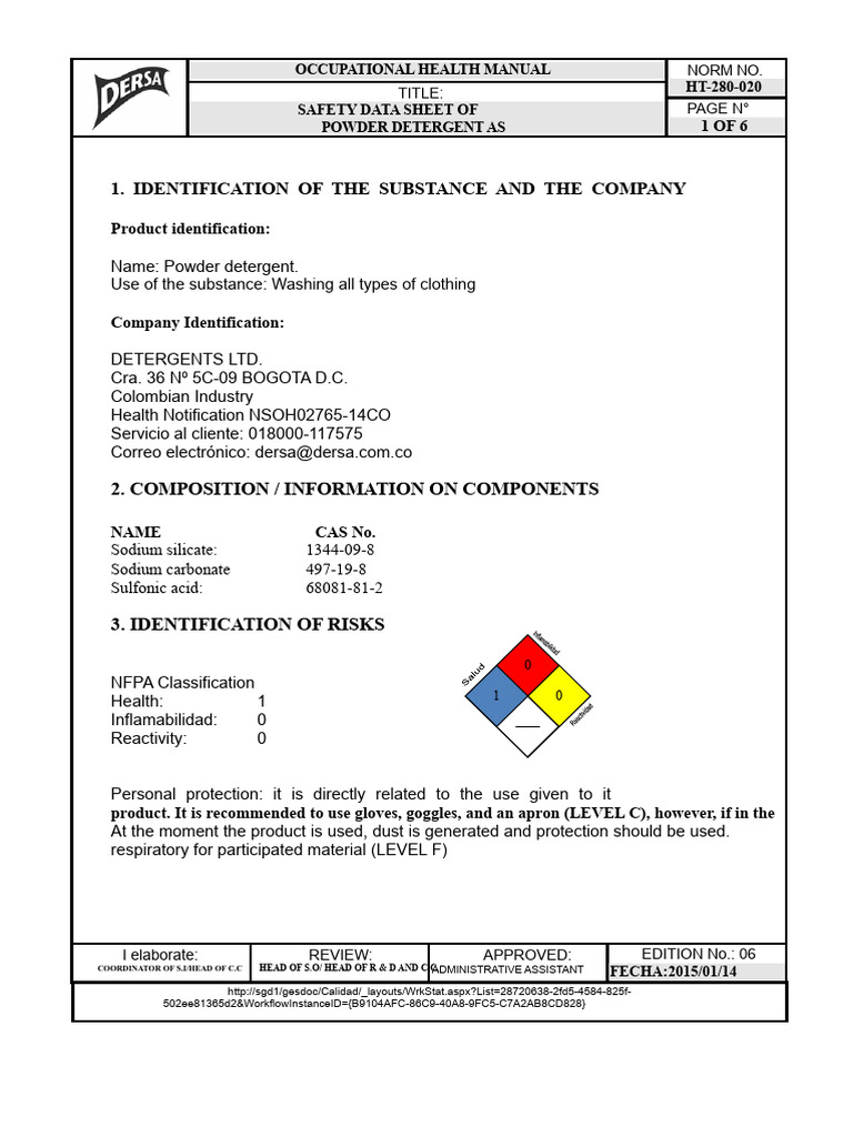 Safety Data Sheet: Powder Detergent | PDF | Water | Detergent