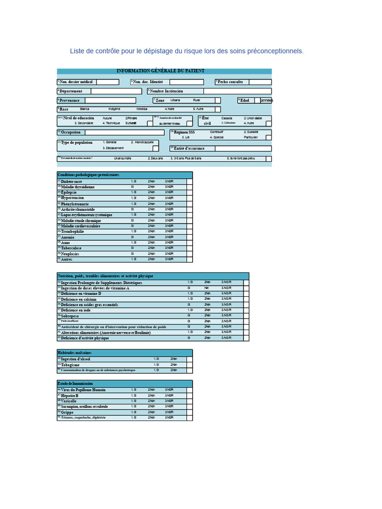 Liste de Vérification Pour Le Dépistage Des Risques Lors de La ...
