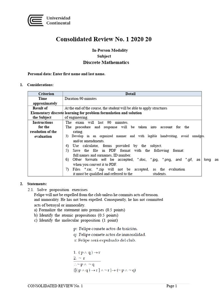CONSOLIDATED REVIEW No. 1 DISCRETE MATHEMATICS 2020 20 Solved PDF | PDF | Logic | Mathematical Logic