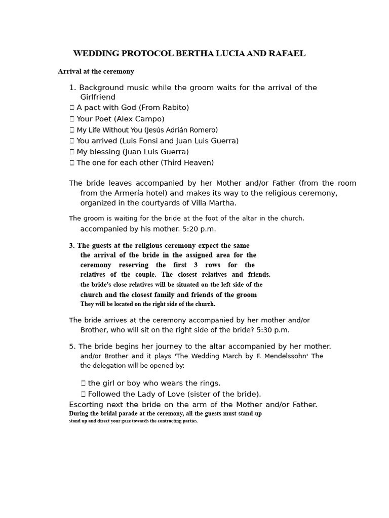 Wedding Ceremony Protocol for Bertha & Rafael | PDF | Bride | Wedding