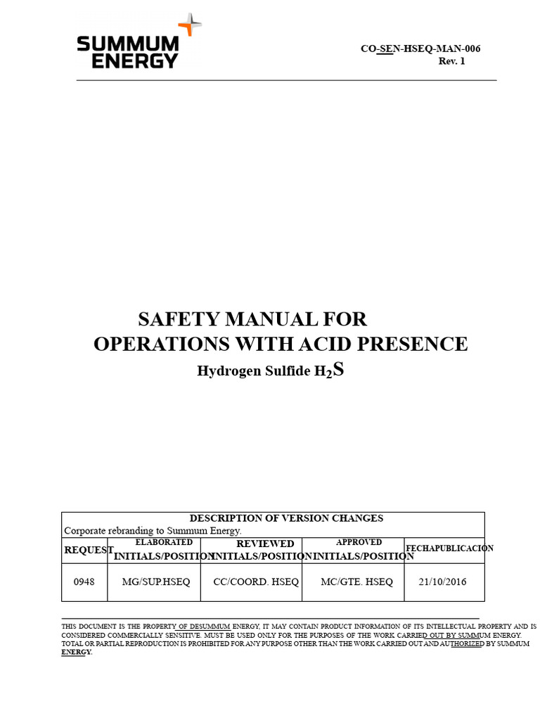 Hydrogen Sulfide Safety Manual | PDF | Oxide | Chemical Substances