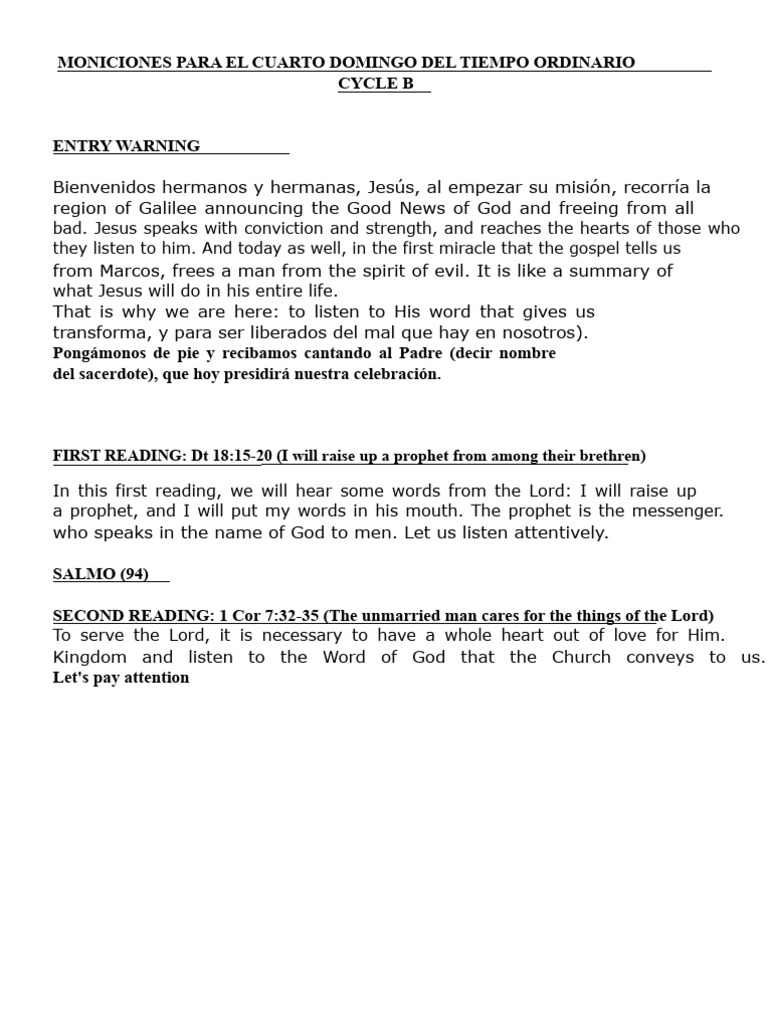 Monition For The Fourth Sunday in Ordinary Time - Cycle B | PDF ...