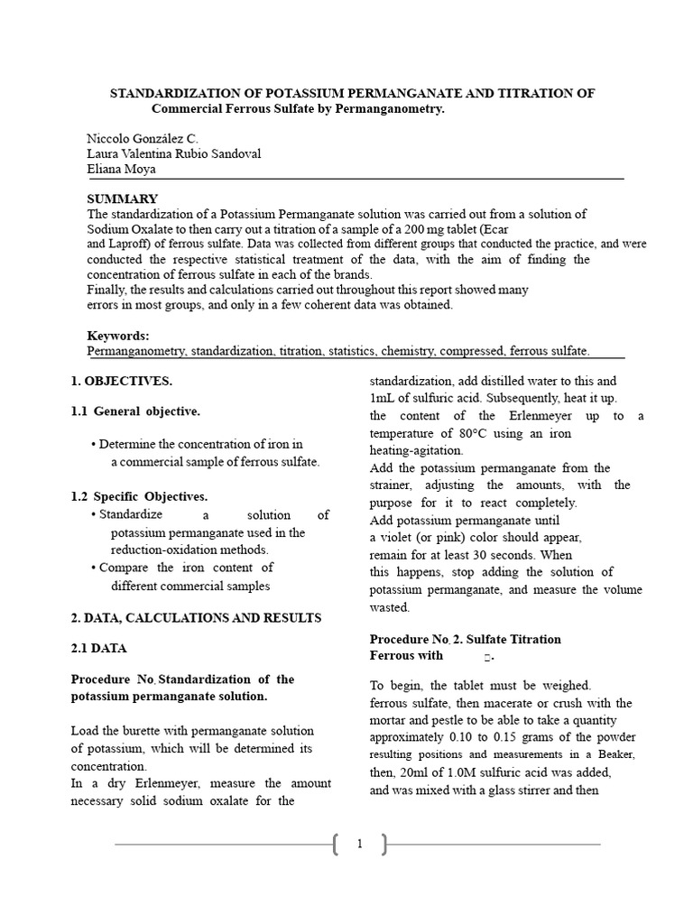 QInorg REPORT Standardization of Potassium Permanganate and Titration ...