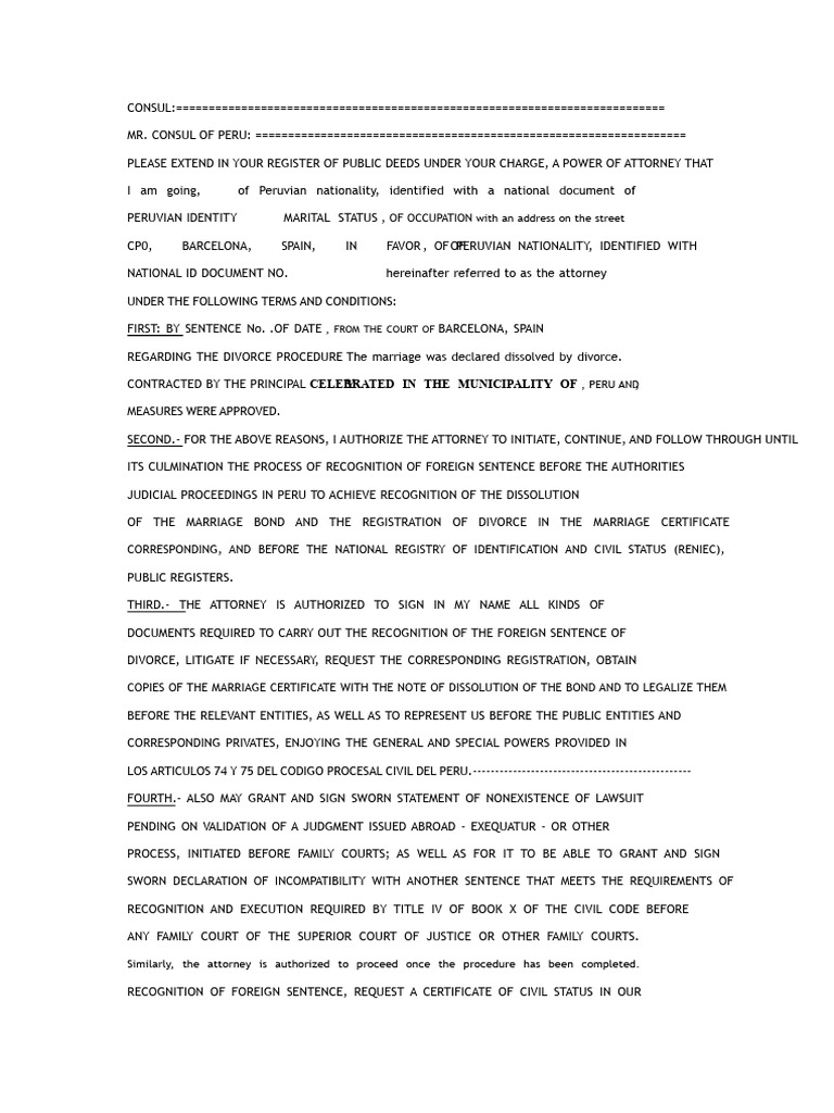 Model of Power of Attorney For Recognition of Divorce Judgment ...