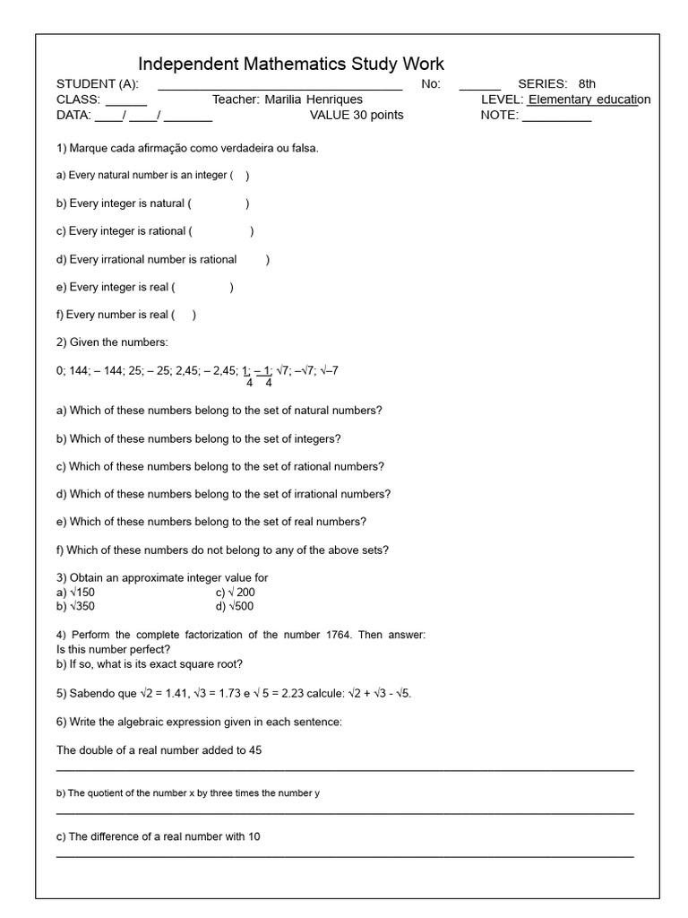 Independent Study Work - 8th Grade Mathematics | PDF | Area | Polynomial