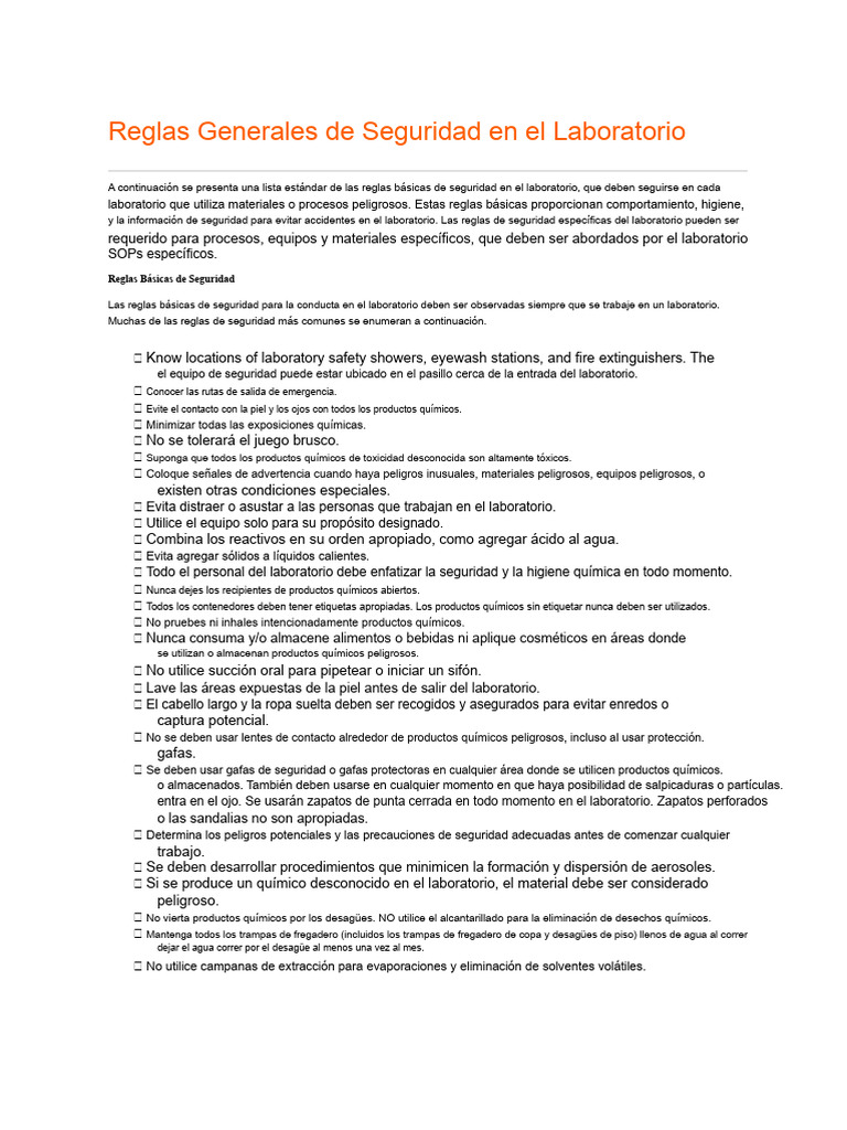 Reglas Generales de Seguridad en El Laboratorio | PDF | Laboratorios ...
