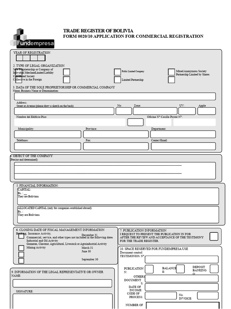 Trade Register of Bolivia: Form 0020/10 Application For Commercial ...