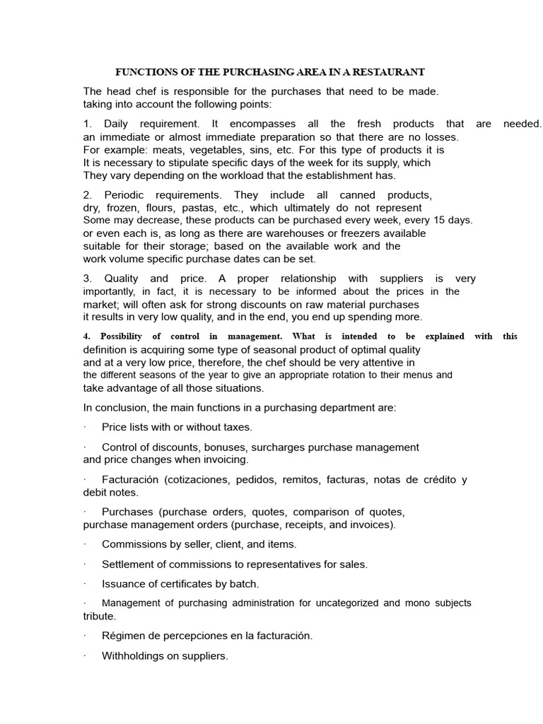 Functions of the Purchasing Department in a Restaurant | PDF | Prices ...