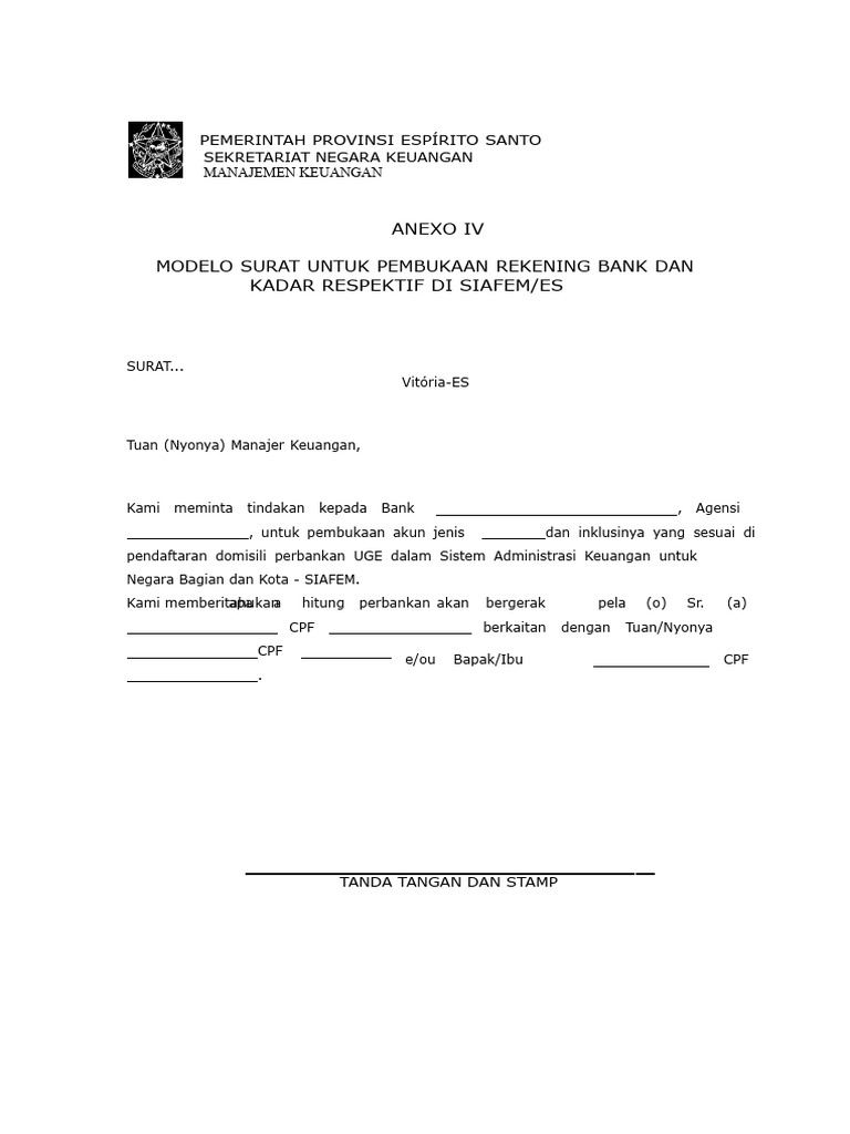 Lampiran IV - Model Surat Untuk Pembukaan Rekening Bank | PDF