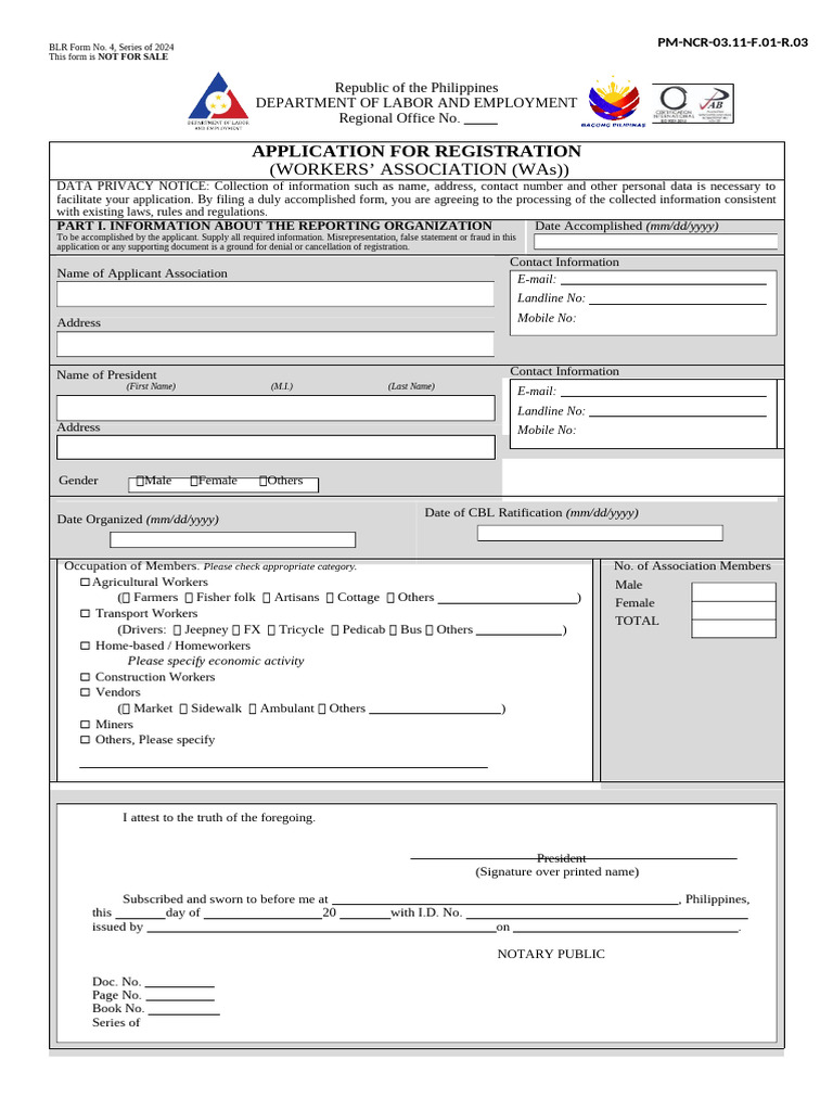 Workers' Association Registration Form 2024 | PDF | Notary Public | Justice