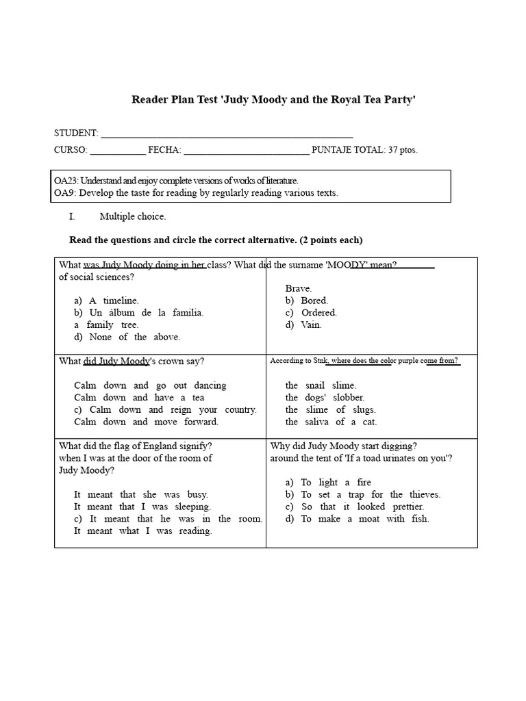 Judy Moody Royal Tea Party Test | PDF