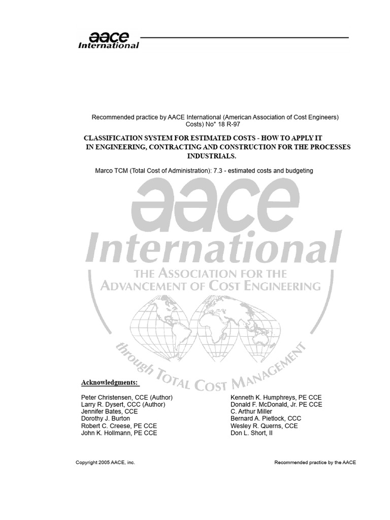 AACE-No-18R-97 - Estimated Cost Classification System PDF | PDF ...