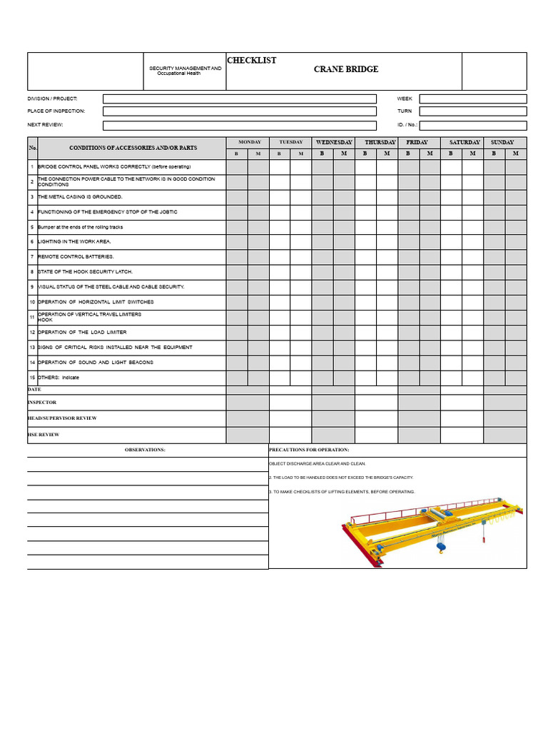 Crane Bridge Safety Inspection Checklist | PDF | Crane (Machine)