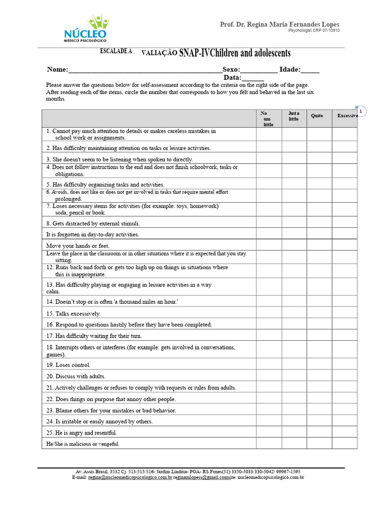 SNAP-IV - ADHD Questionnaire | PDF | Attention Deficit Hyperactivity ...