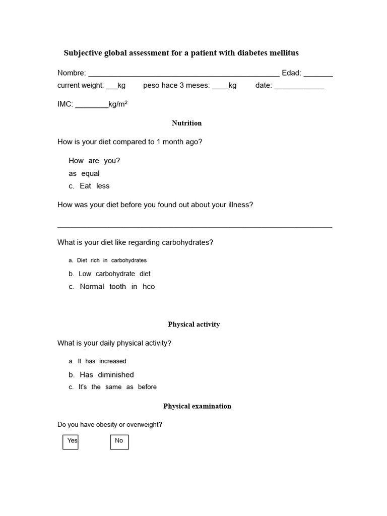 Subjective global assessment for a patient with diabetes mellitus | PDF ...