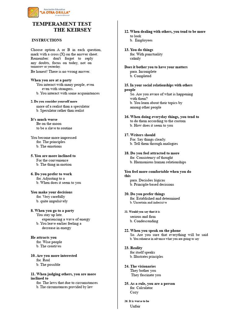 Keirsey temperament test to take | PDF | Extraversion And Introversion ...