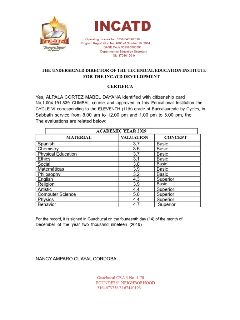 CERTIFICATE OF GRADES HIGH SCHOOL STUDENTS CYCLE VI | PDF