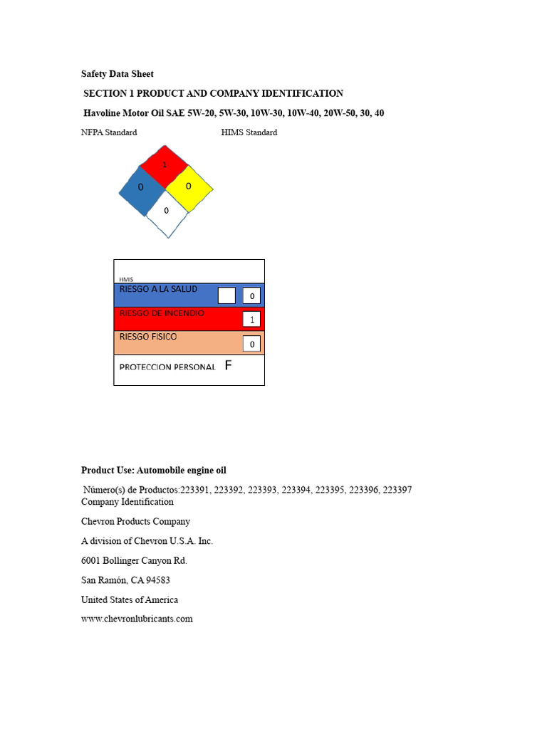Havoline Motor Oil Safety Data Sheet | PDF | Personal Protective ...