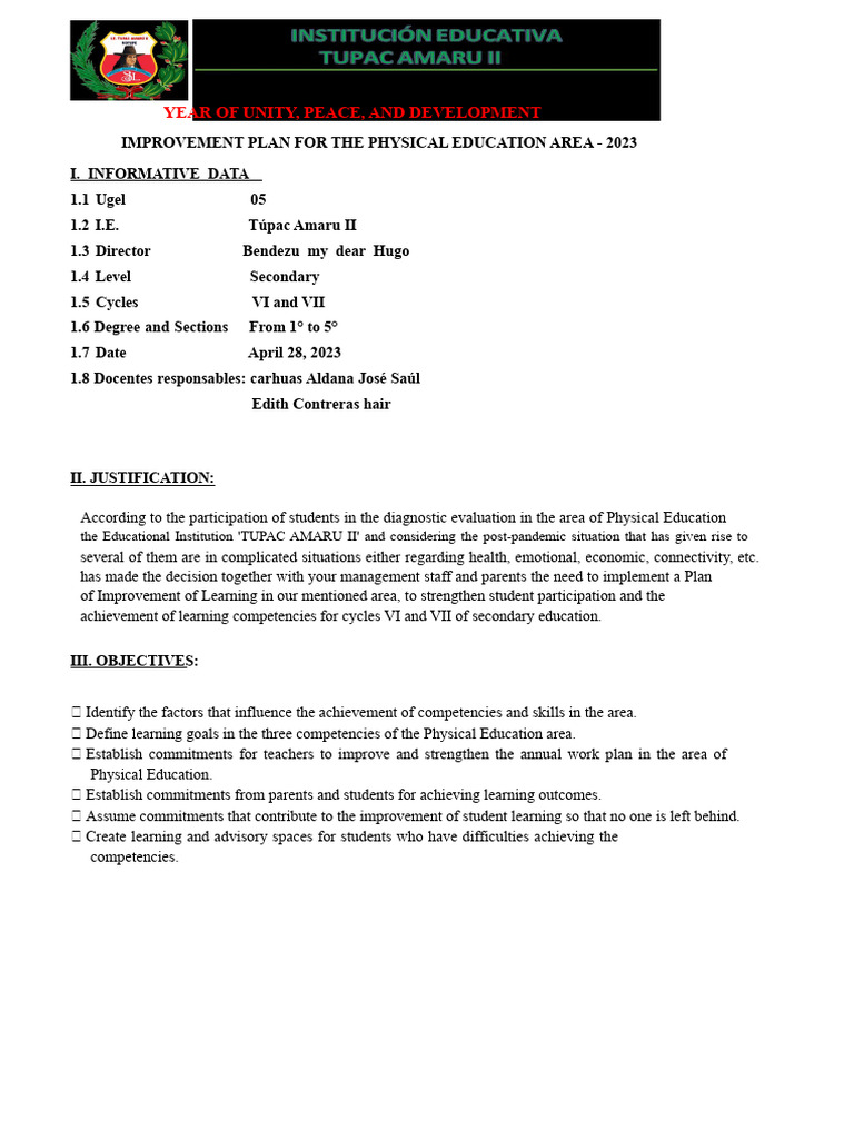 2023 Physical Education Improvement Plan | PDF | Learning | Goal