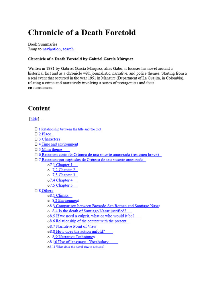 Chronicle of a Death Foretold Summary | PDF