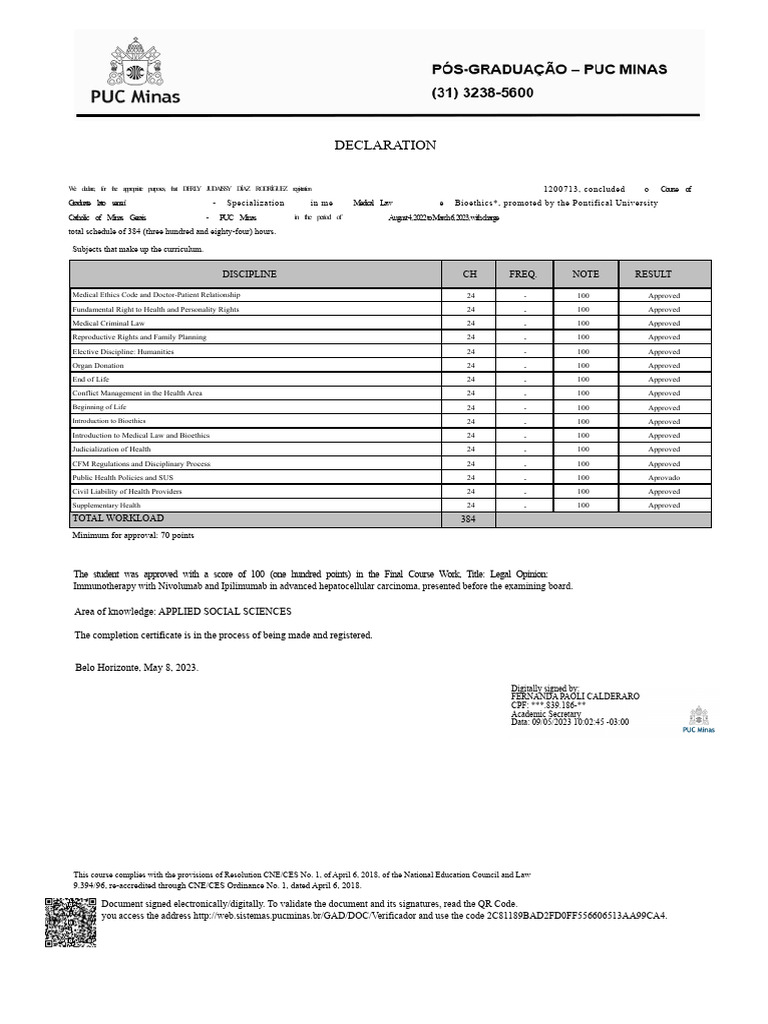 Postgraduate Completion Declaration PUC Derly J D Rodriguez 2022 - 2023 | PDF