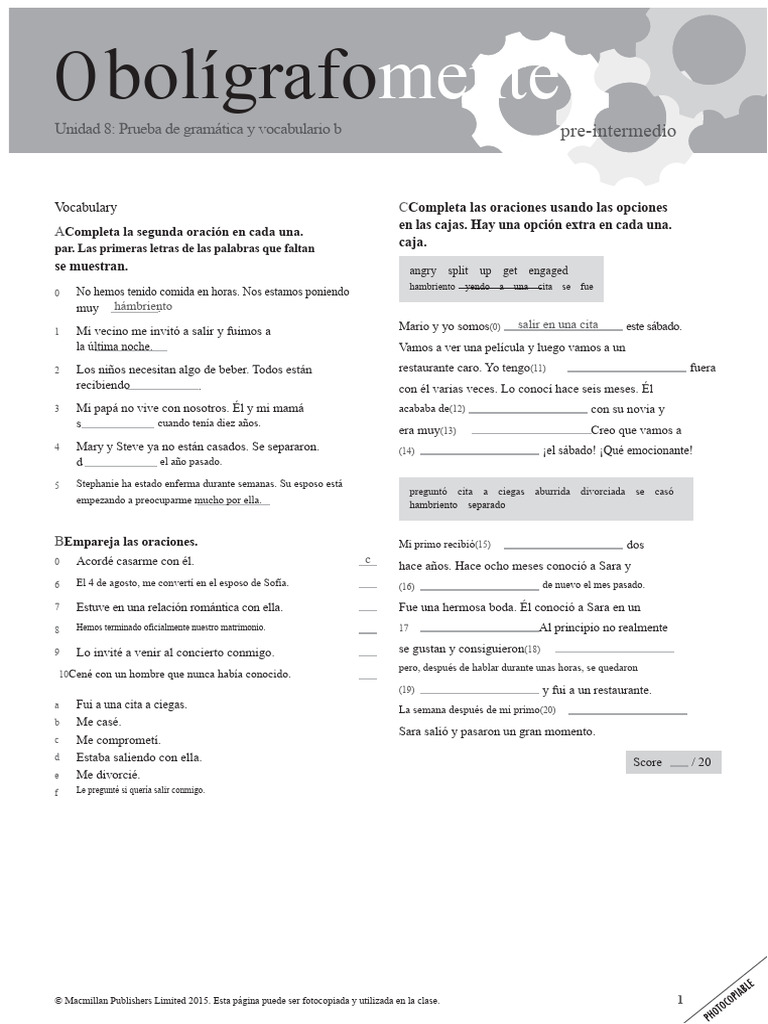 Prueba de Gramática y Vocabulario B de Open Mind Pre-Intermedio Unidad ...