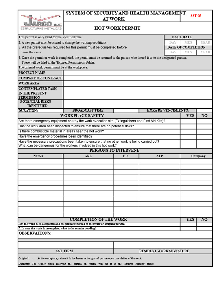 Hot Work Permit Safety Guidelines | PDF | Labor Relations | Workplace