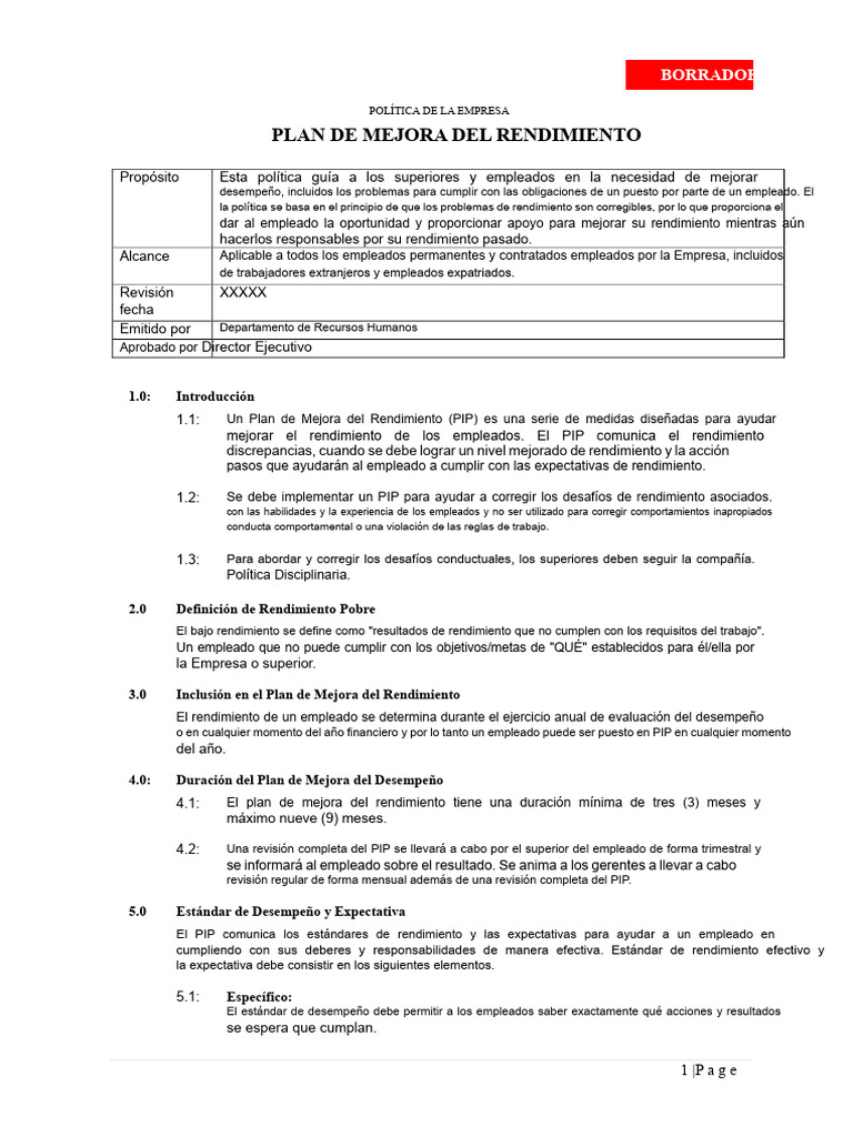 PIP - Política de Plan de Mejora del Rendimiento | PDF | Gestión de ...