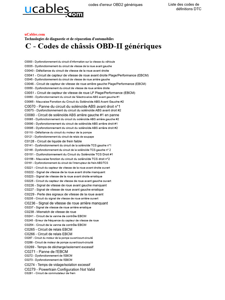Codes d'erreur OBD2 génériques DTC | PDF | Système anti-blocage des ...