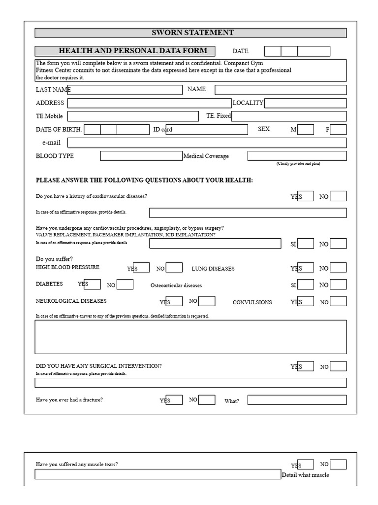 Confidential Health Data Form | PDF | Cardiovascular System | Medicine