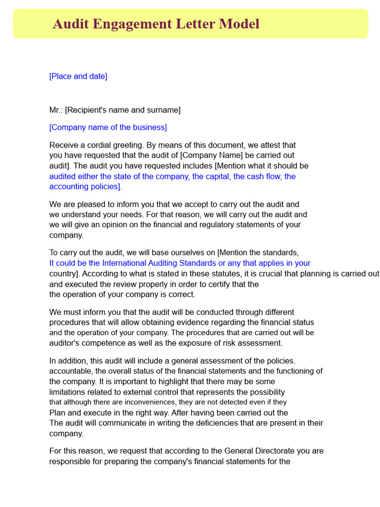Audit Engagement Letter Template | PDF | Audit | Financial Services