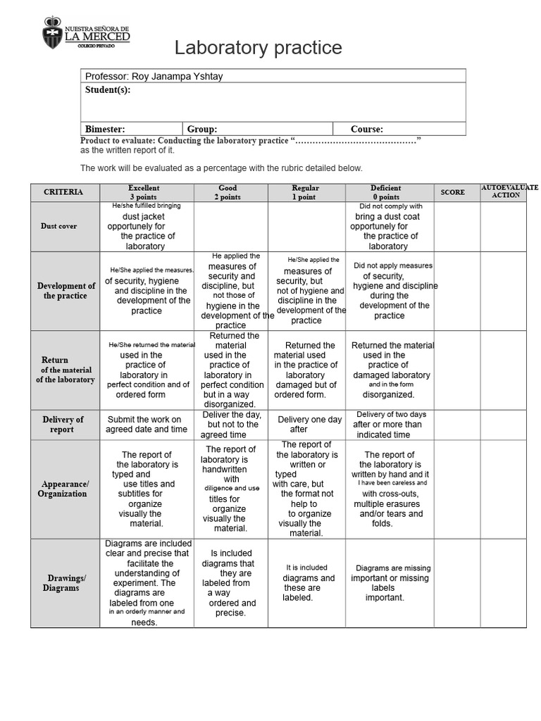 Rubric For Evaluating Laboratory Practices | PDF | Rubric (Academic)