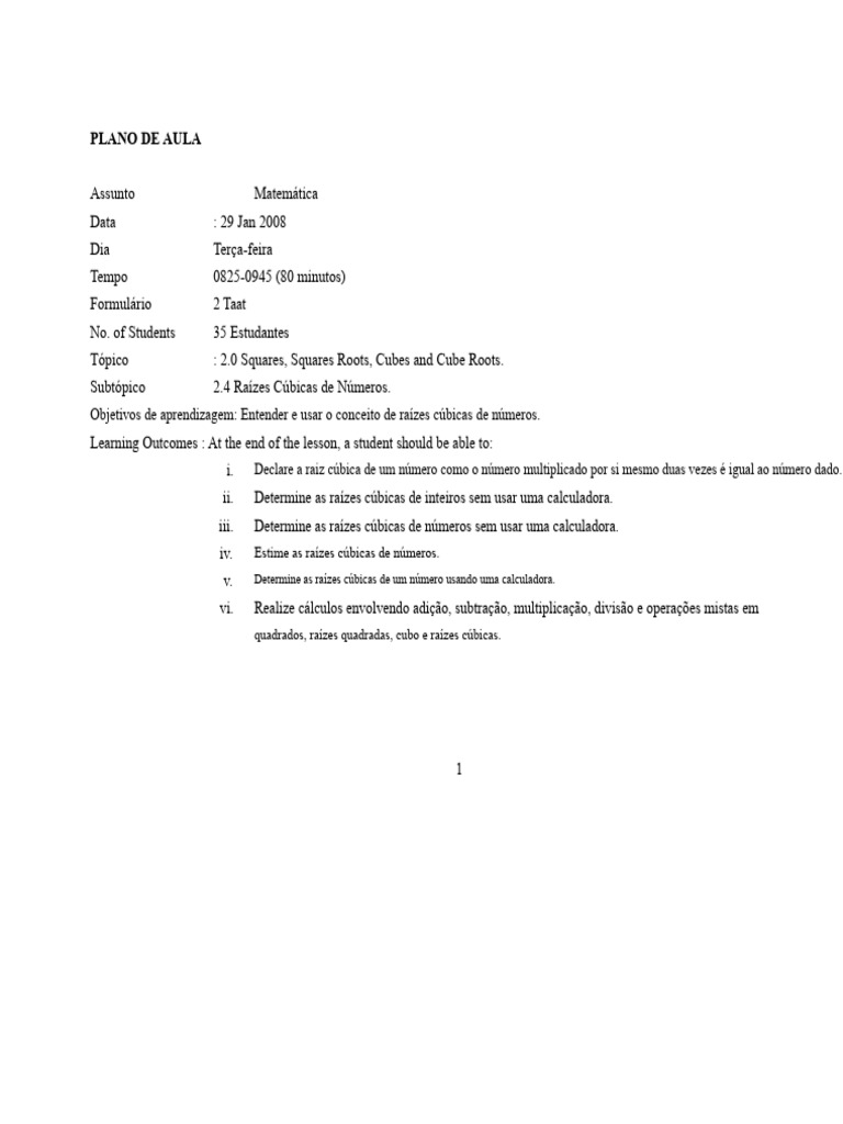 Raízes Cúbicas: Plano de Aula de Matemática | PDF | Raiz quadrada | Números