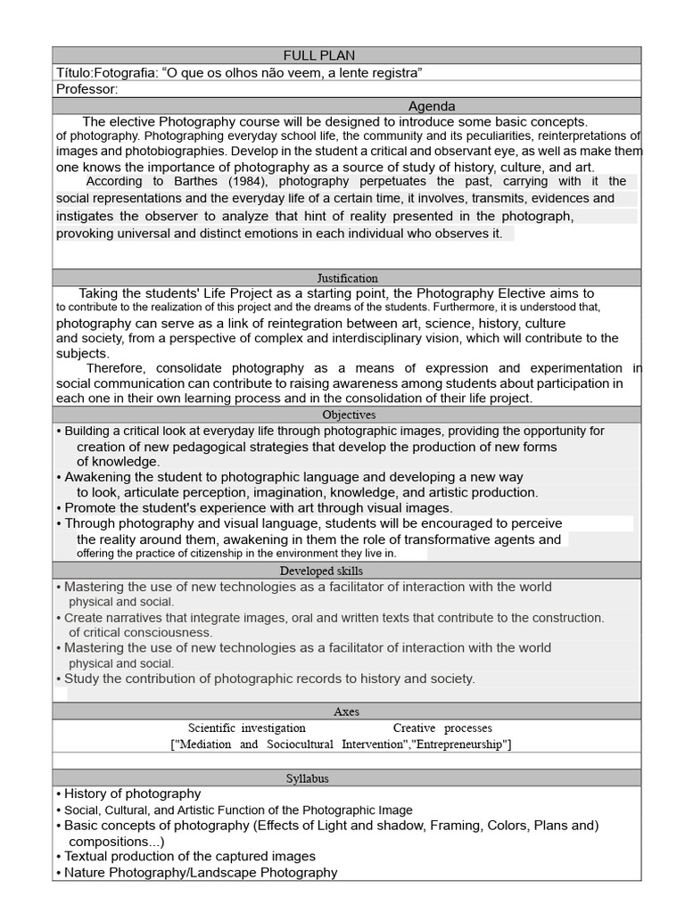 Complete Plan - Electives Photography-2 | PDF | Image | Cognitive Psychology