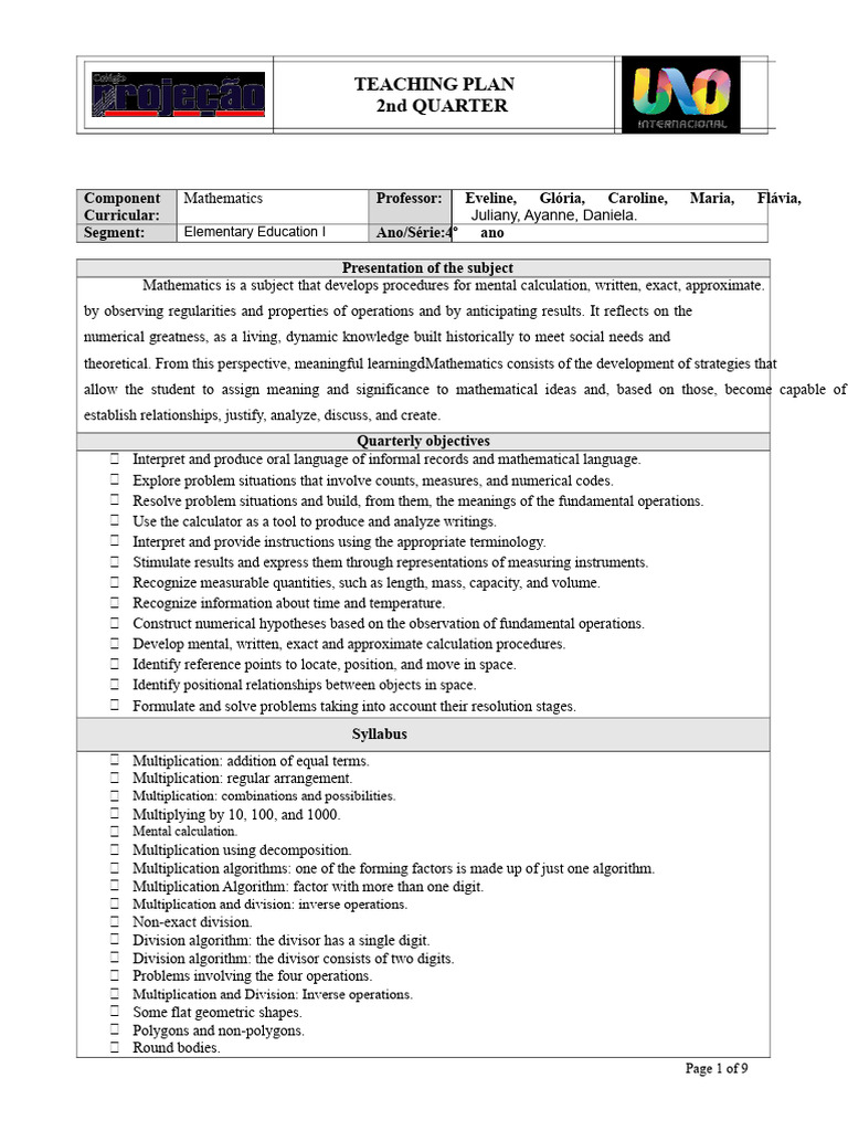 Teaching Plan 2 - Mathematics - 4TH Grade (Initial Angels) | PDF | Multiplication | Mathematics