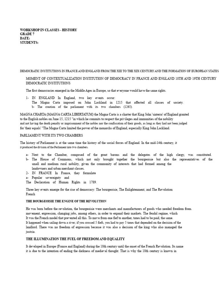 WORKSHOP 7 - HISTORY. DEMOCRATIC INSTITUTIONS IN FRANCE AND ENGLAND ...