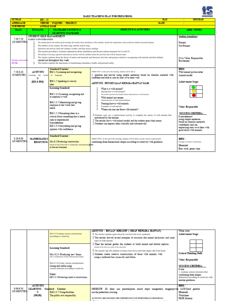 Preschool Daily Teaching Plan: Wild Animals | PDF | Teachers | Learning
