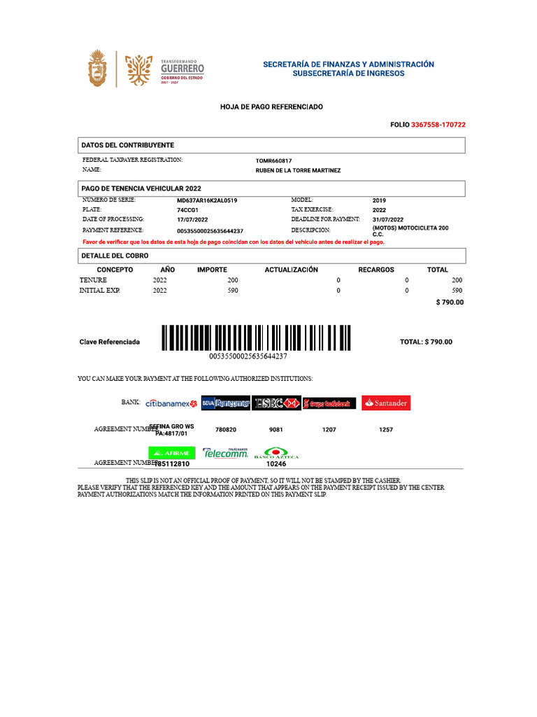 Referenced Payment Moto Tvs | PDF | Receipt | Identity Document