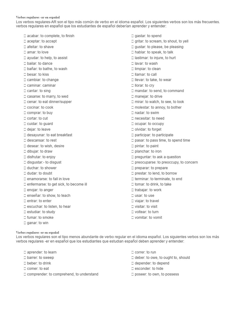 Verbos Regulares en Español | PDF | Lingüística