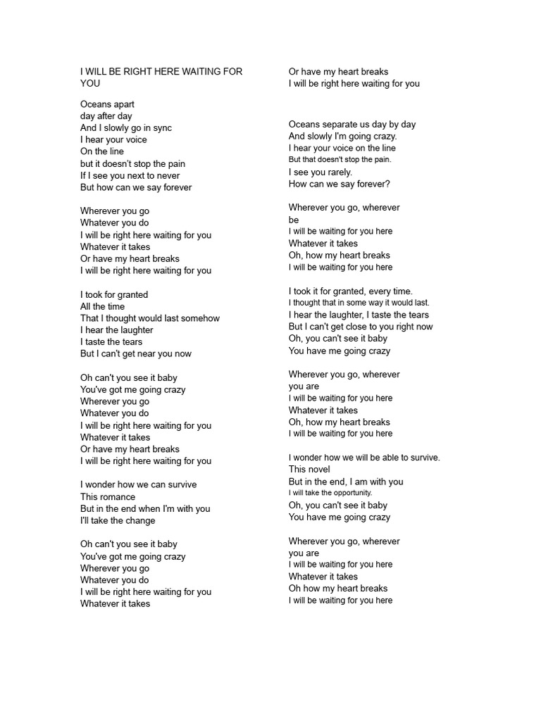 I WILL BE RIGHT HERE WAITING FOR YOU Song | PDF