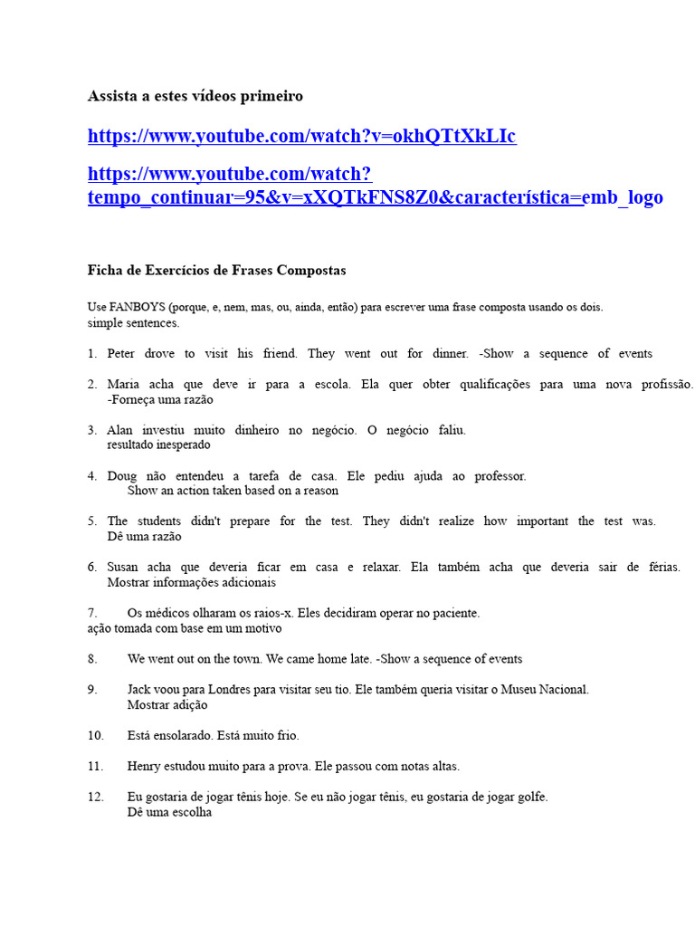Exercícios de Frases Compostas e Complexas | PDF