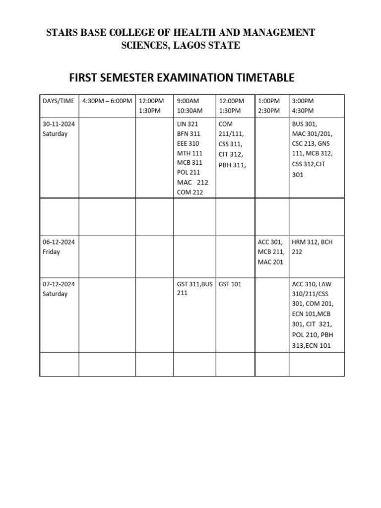 First Semester Exam Timetable | PDF