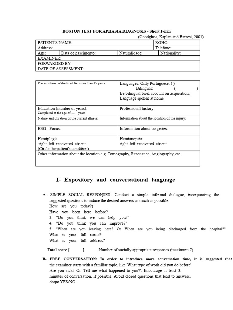 Boston Test For Diagnosing APHASIA (Corrected) | PDF | Aphasia | Speech