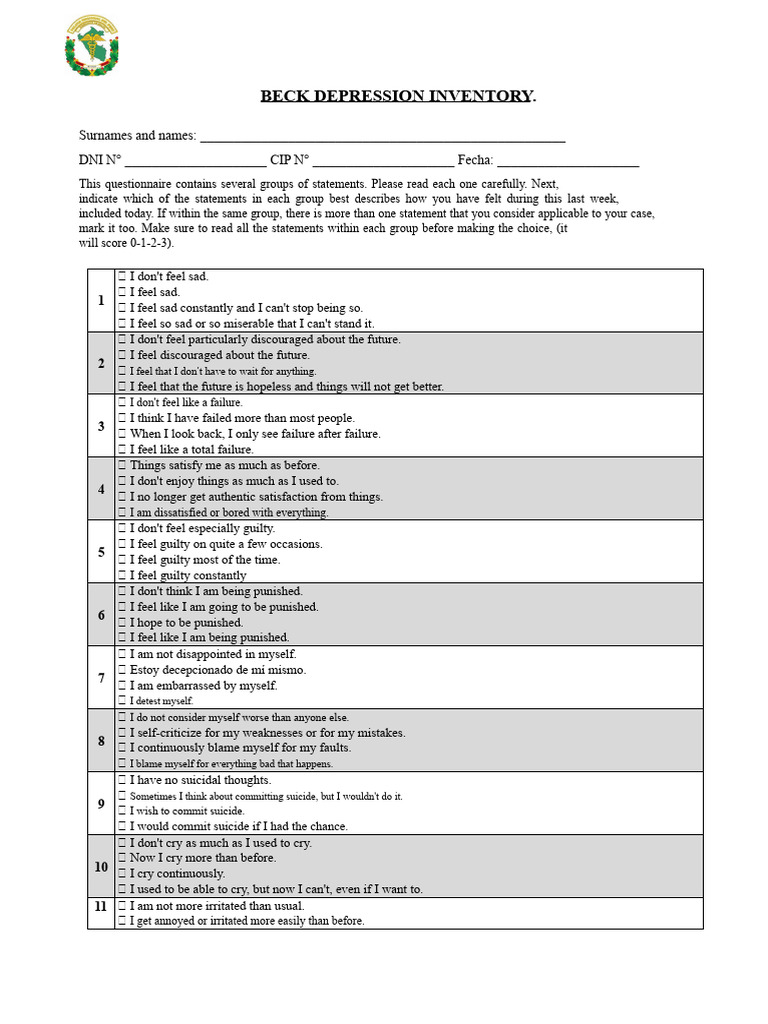 Beck Depression Inventory Questionnaire | PDF | Depression (Mood ...