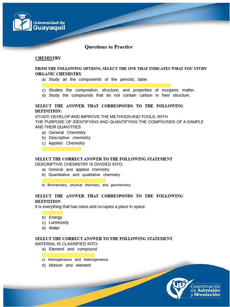 Chemistry Practice Questions and Answers | PDF | Chemical Reactions ...