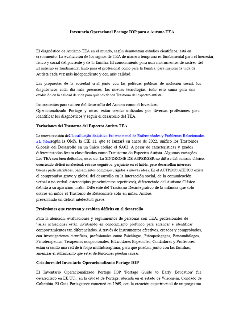 Inventario Operacional Portage IOP | PDF | Autismo | Invalidez