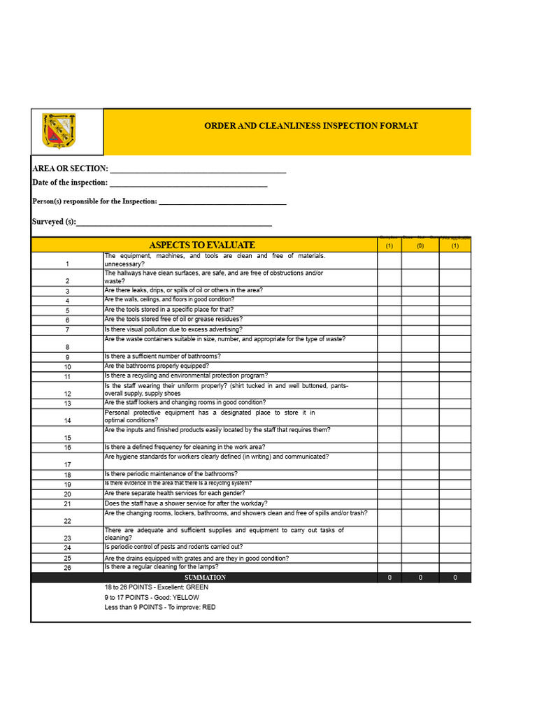 9854 Inspection Format For Order and Cleanliness | PDF | Waste | Bathroom