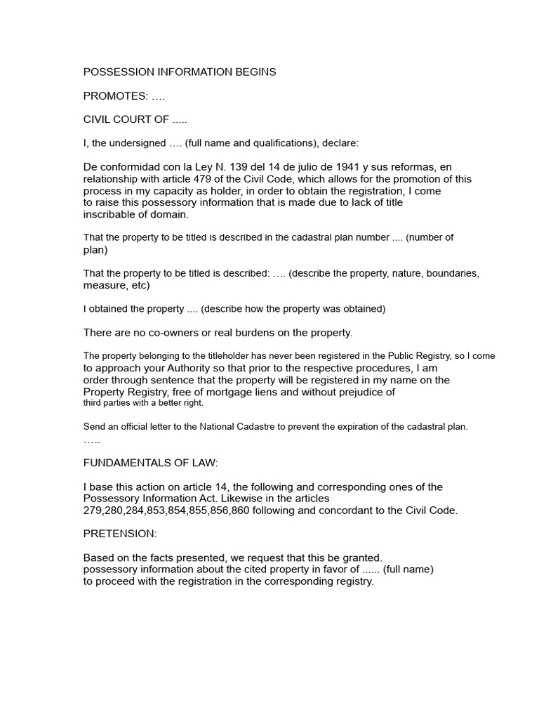 Possessory Information Template Begins | PDF | Property | Justice