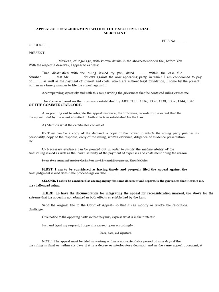 Written Appeal Against The Final Judgment in Executive Commercial Trial ...