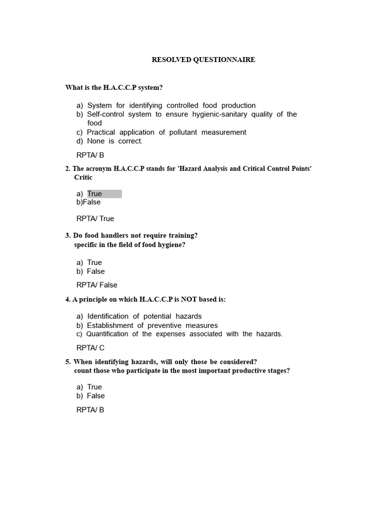 Resolved BPM-HACCP Questionnaire | PDF | Food Safety | Foodborne Illness